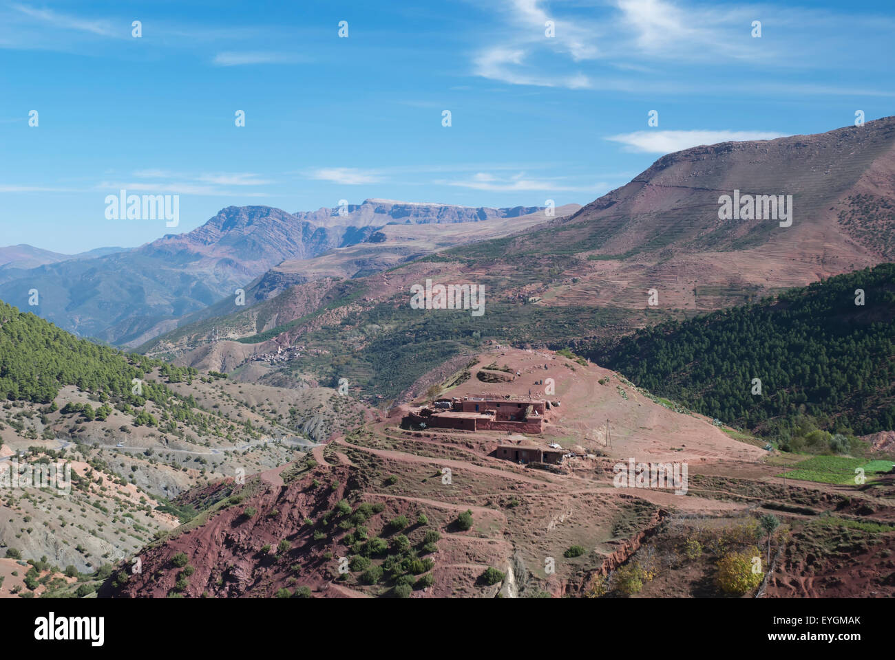 Morocco, High Atlas mountains landscape with berber house; High Atlas ...