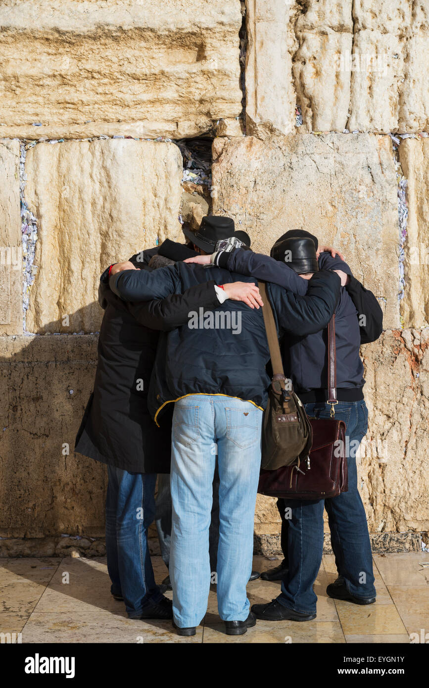 Israel, Jerusalem, Group of pilgrims praying together at Western Wall ...