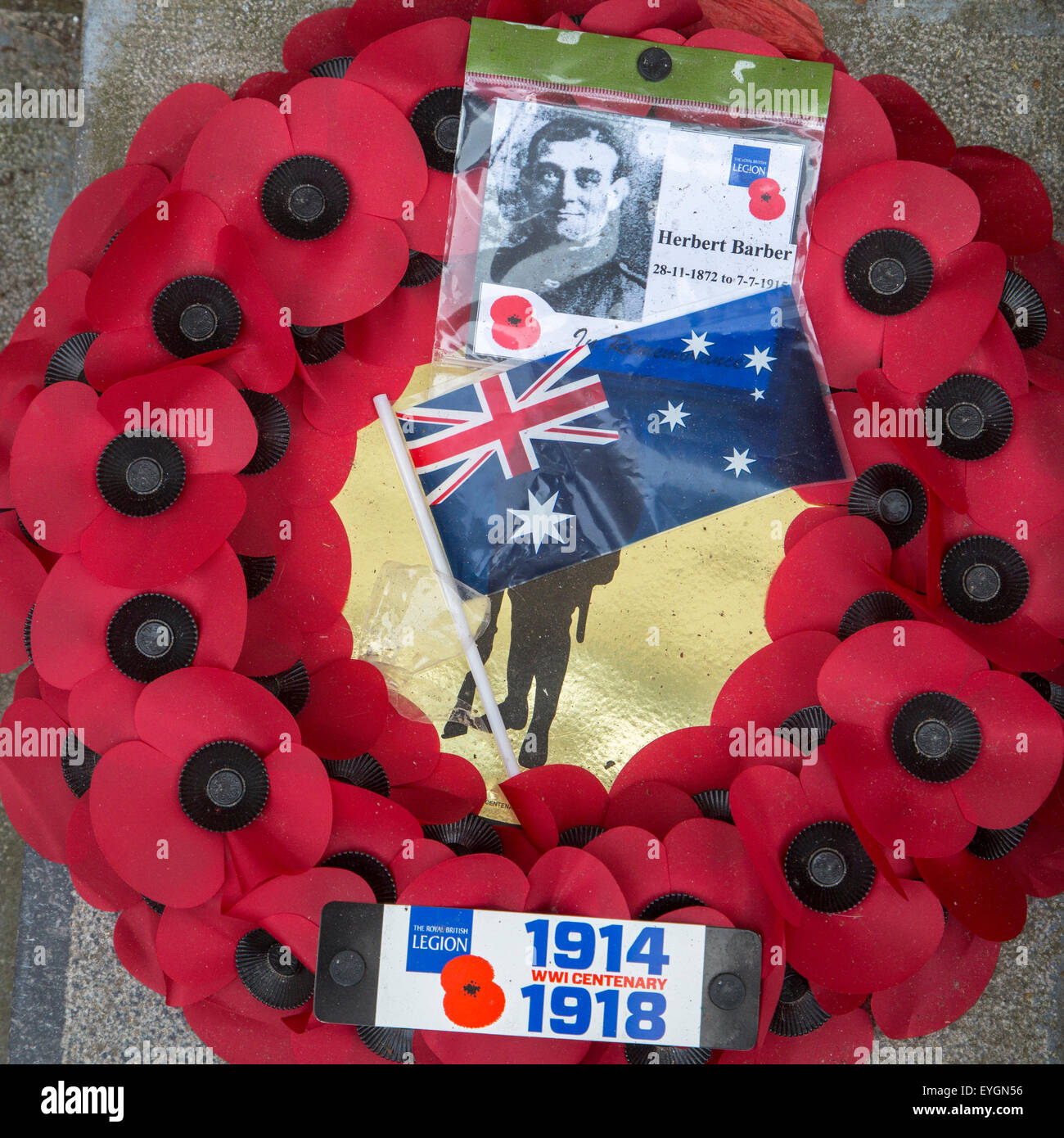 British poppy wreath for First World War One soldier during remembrance ...