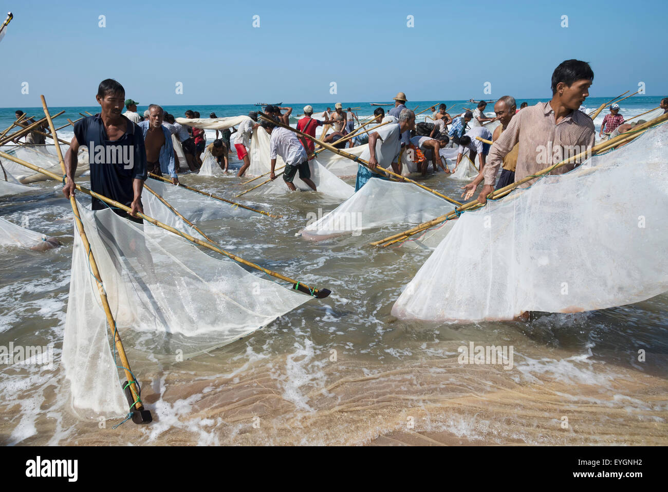 Myanmar (Burma), Fishing of small prawn; Irrawaddyi division Stock ...