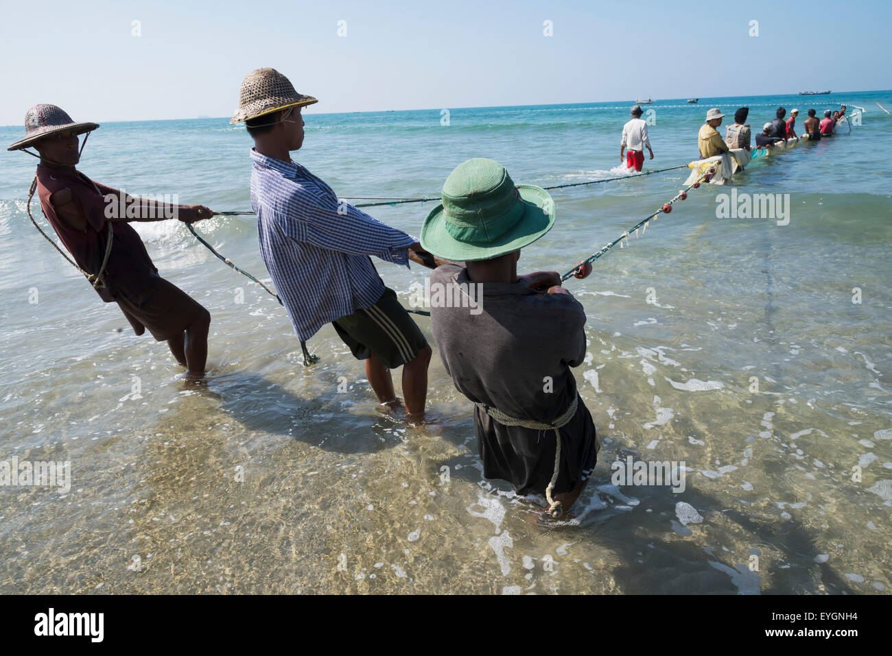 Myanmar (Burma), Fishing of small prawn; Irrawaddyi division Stock ...