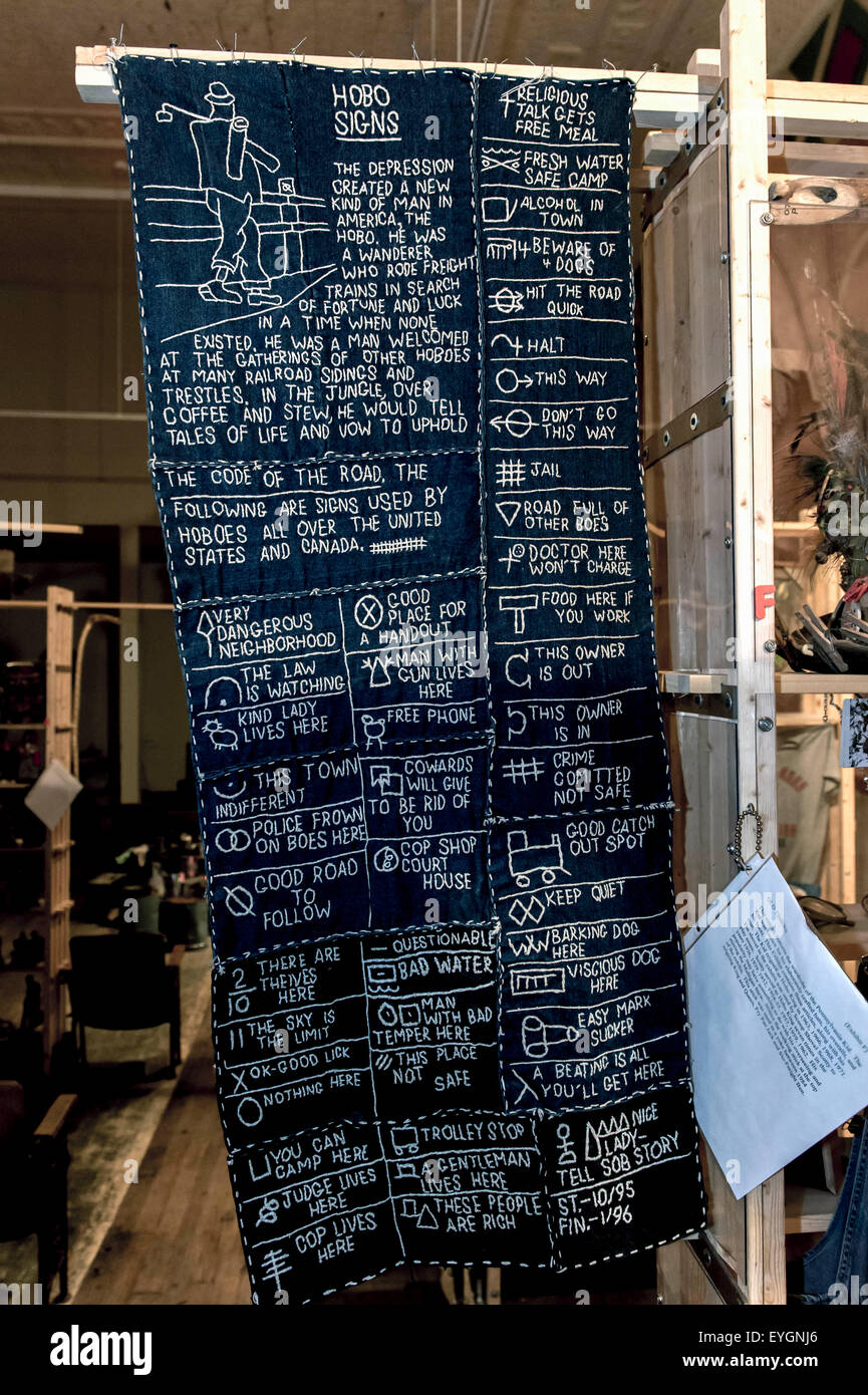 Britt, Iowa, USA. 28th July, 2015. A banner with embroidered hobo signs ...