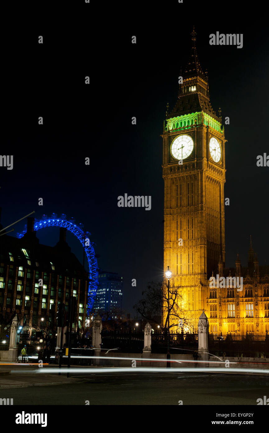 UK, England, Views of London Eye and Big Ben at night; London Stock ...