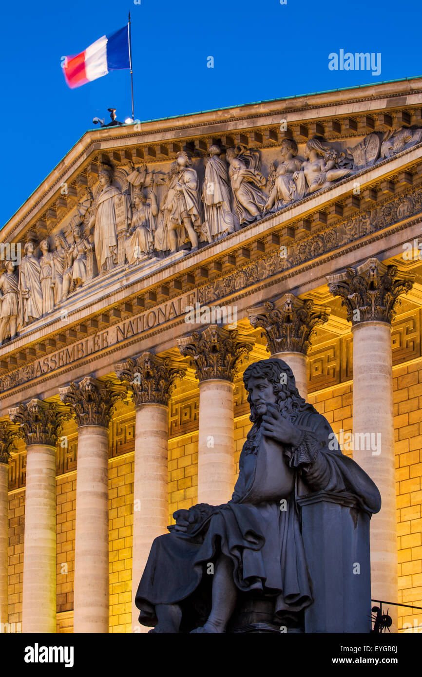 Evening below Jean-Baptiste Colbert statue and the Asselmblee Nationale ...