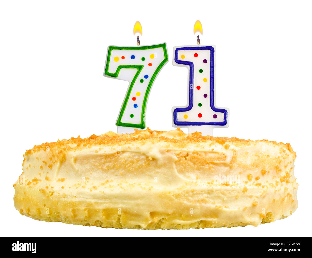 birthday cake with candles number seventy one isolated on white ...