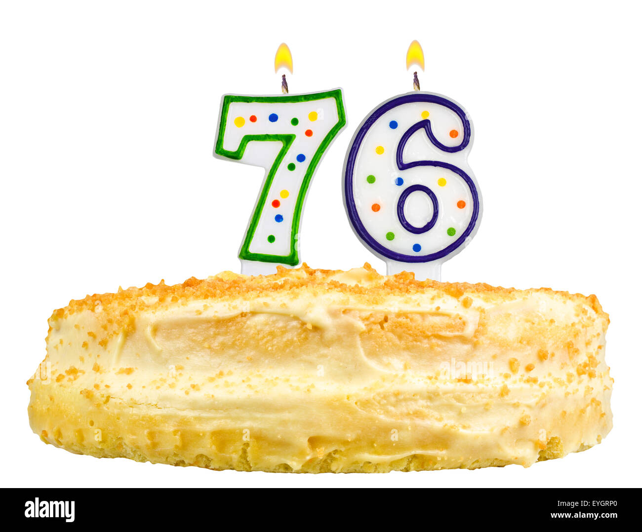 birthday cake with candles number seventy six isolated on white ...