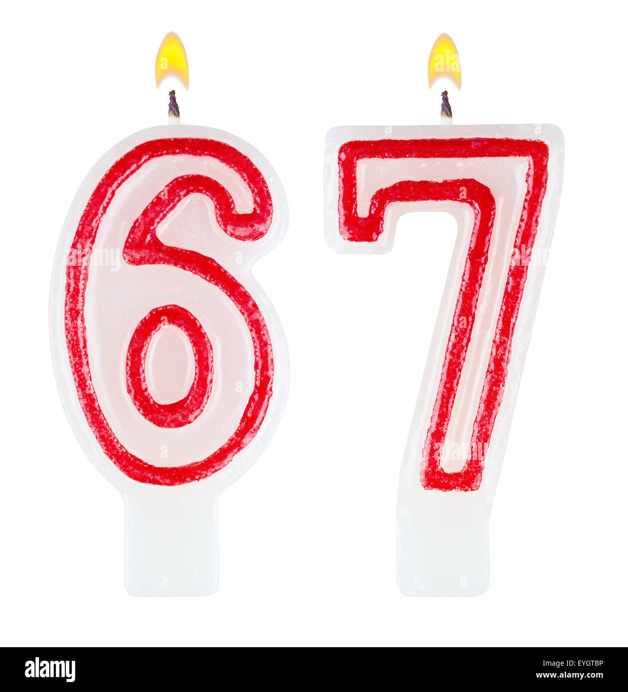 Birthday candles number sixty seven isolated on white background Stock ...