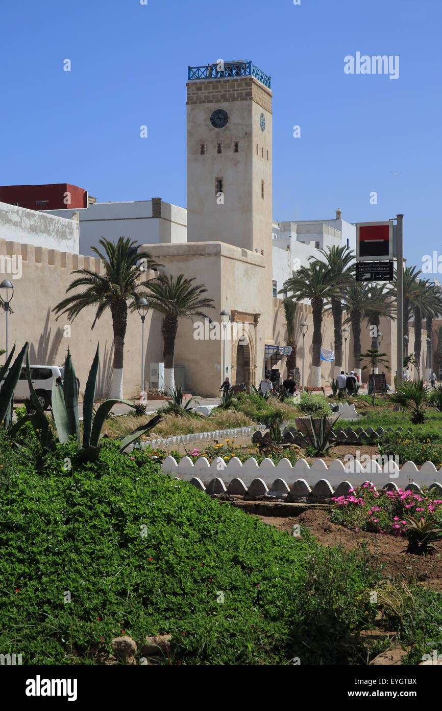 The Bab Al Minzah clock tower, in the town ramparts in Essaouira ...