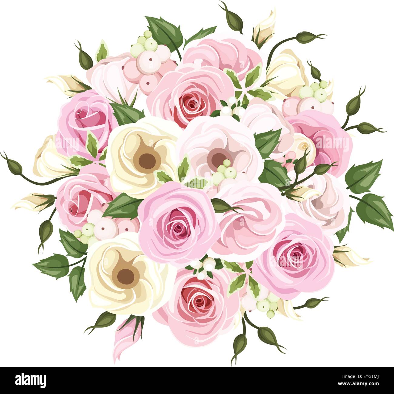 Bouquet of pink and white roses and lisianthus flowers. Vector ...