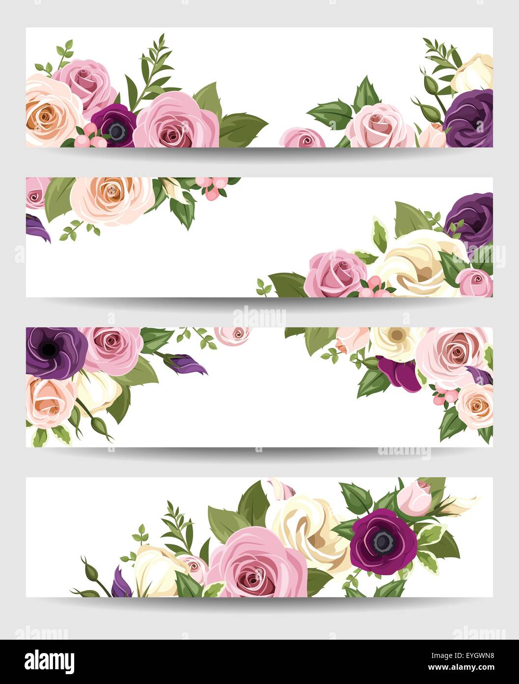 Vector banners with colorful roses, lisianthus and anemone flowers ...