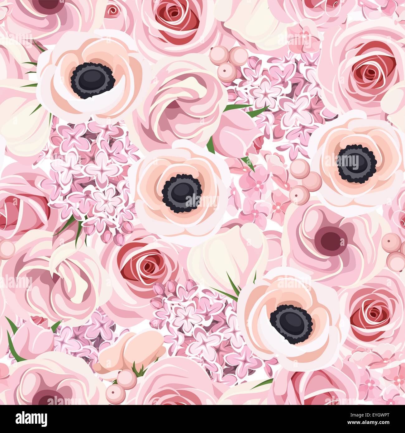 Seamless background with various pink flowers. Vector illustration ...