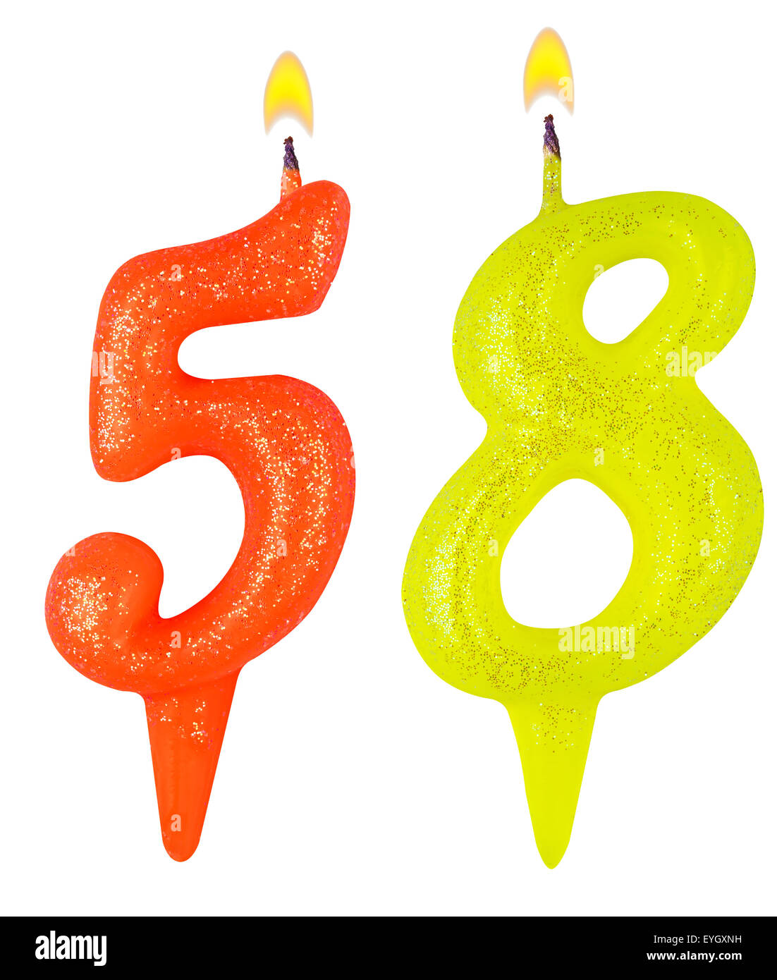 Birthday candles number fifty eight isolated on white background Stock ...