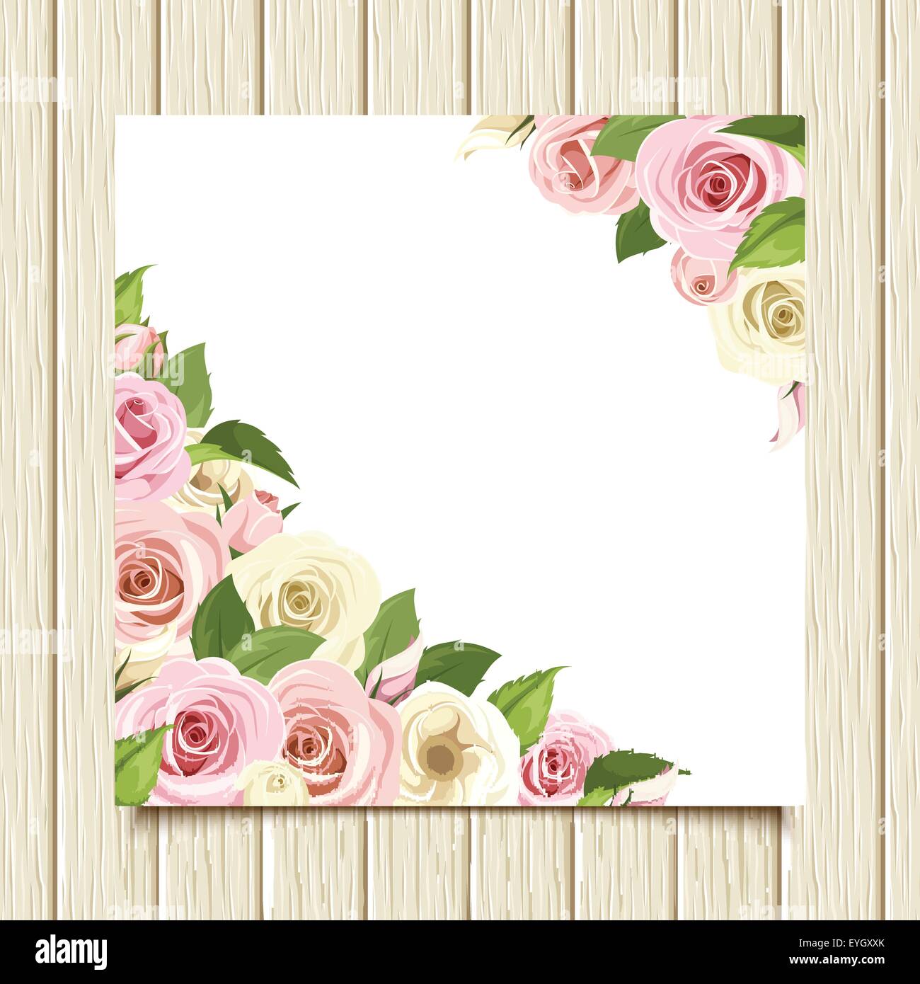 White card with pink and white roses on a wooden background. Vector eps ...