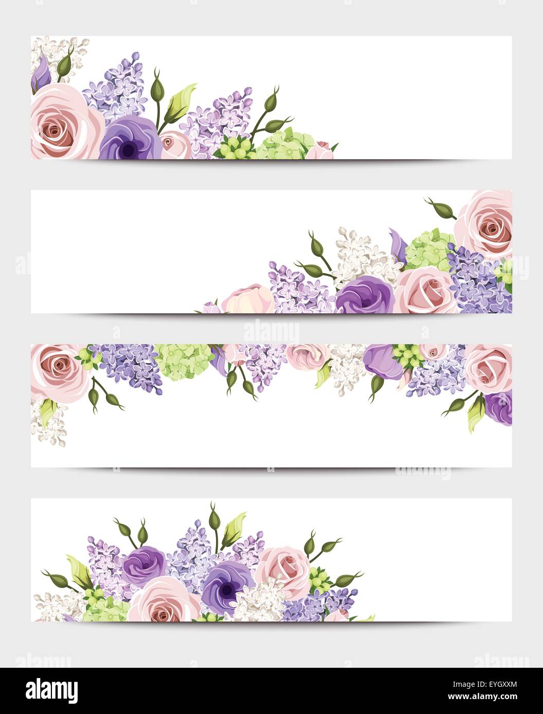 Web banners with pink, purple and white roses and lilac flowers. Vector ...