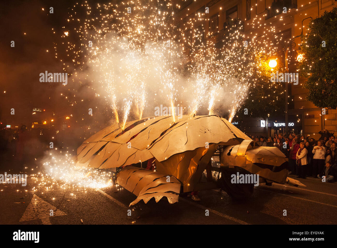 People Inside Metal Turtle Shooting Fireworks During Fallas Festival; Valencia, Spain Stock ...