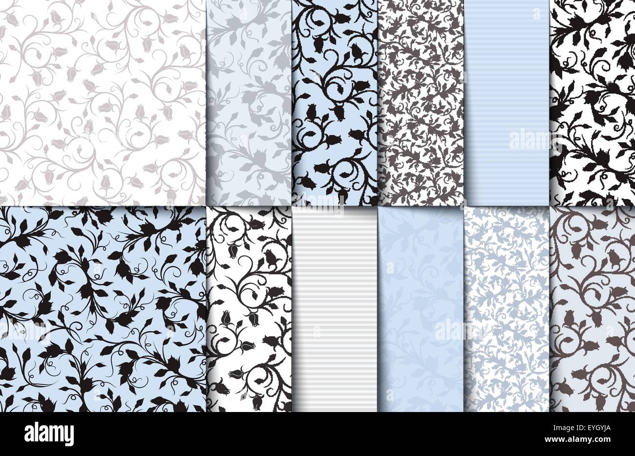 Set of blue, white and gray seamless floral patterns. Vector ...