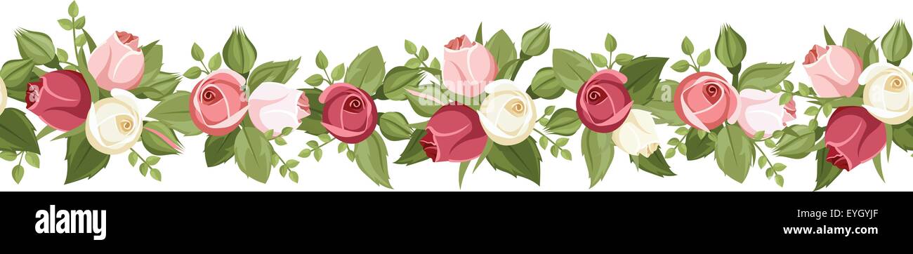 Horizontal seamless background with red, pink and white rose buds ...