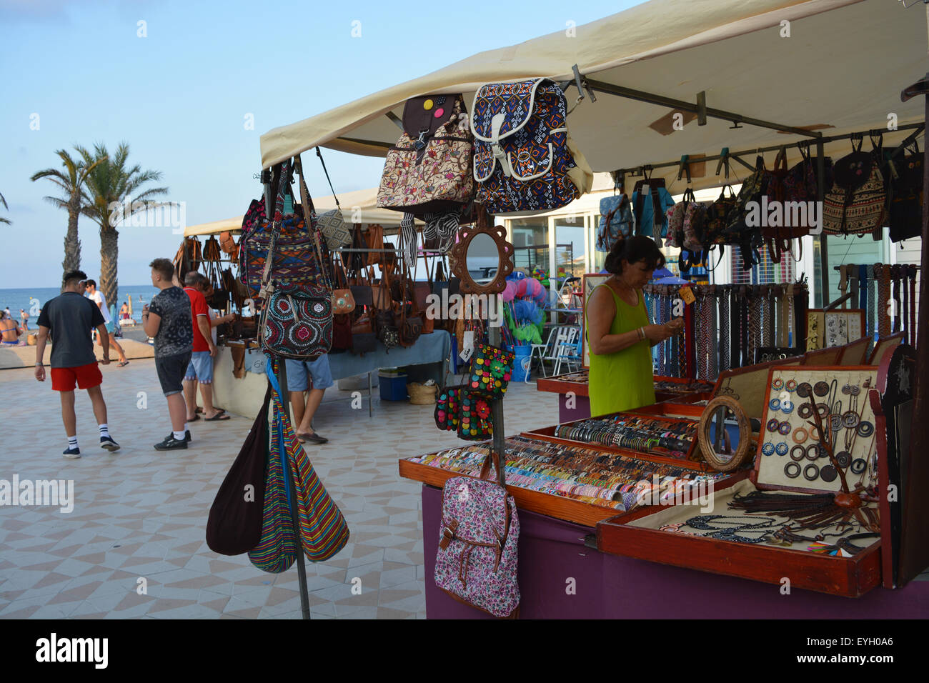 Beach stall set up ready for the night market on the Arenal, Javea ...
