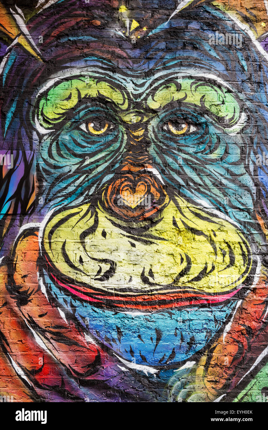 Colourful graffiti of a Chimpanzee by Studio FPLO in the Camden Market ...