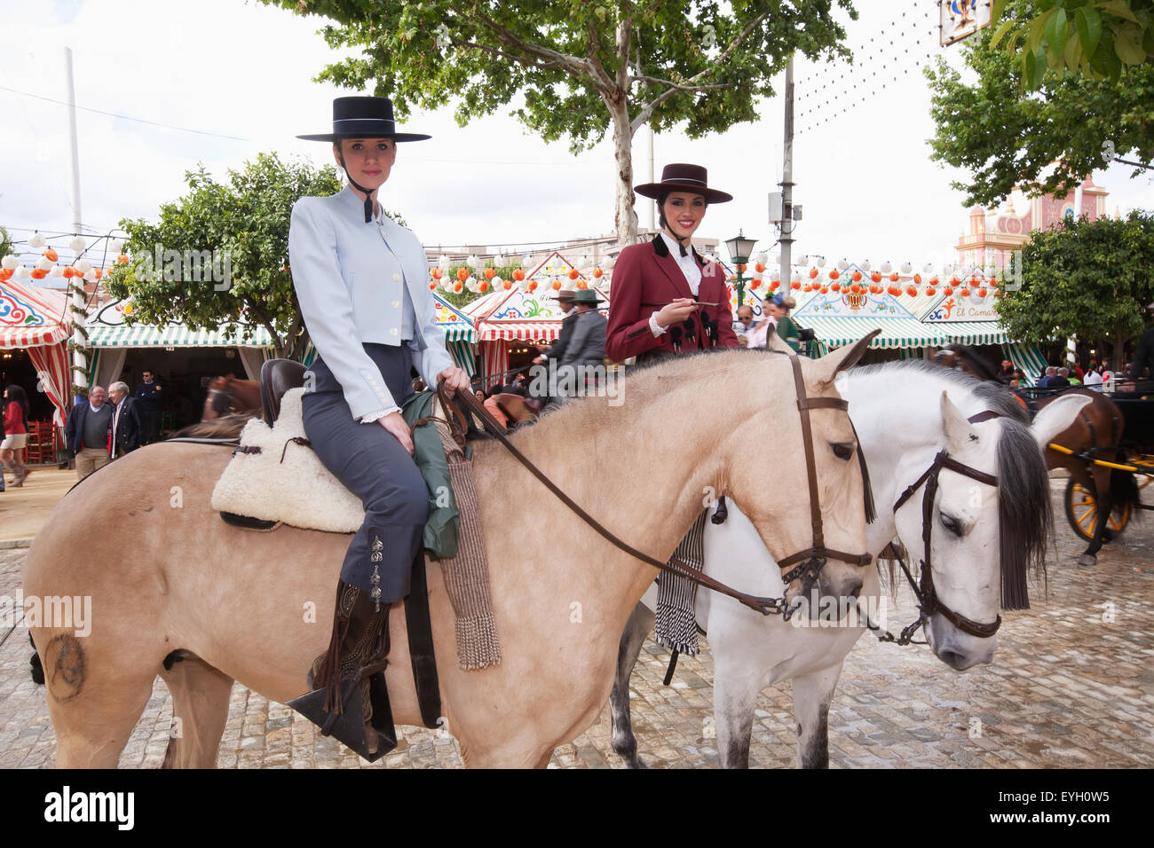Female Horse Riders Posing During April Feria Festival; Seville ...