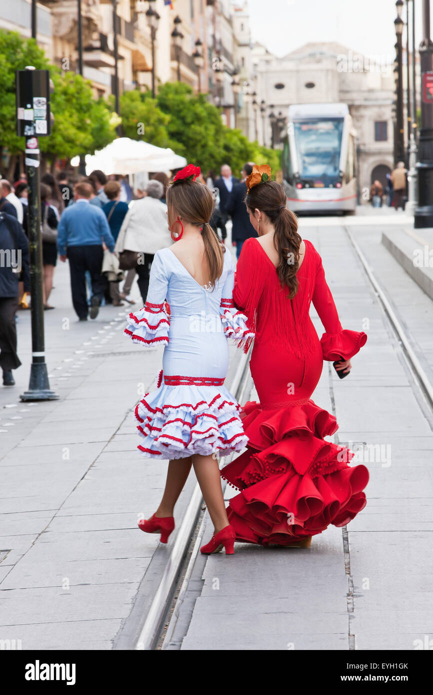 Women In Traditional Seville Dress During April Feria Festival; Seville ...
