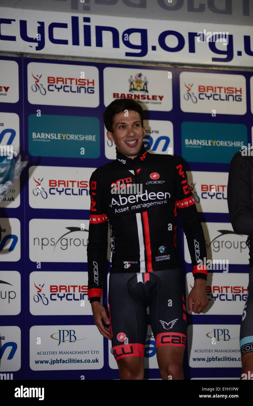 Barnsley, UK. 29th July 2015. Cyclist Ian Bibby winner of the National ...