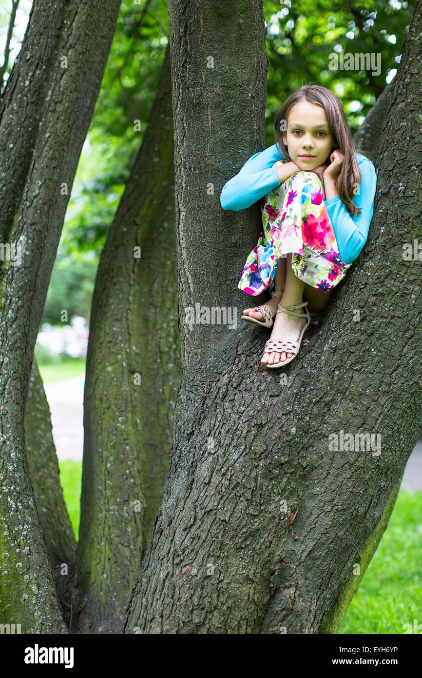 Little cute girl sitting on the branches of a tree Stock Photo - Alamy