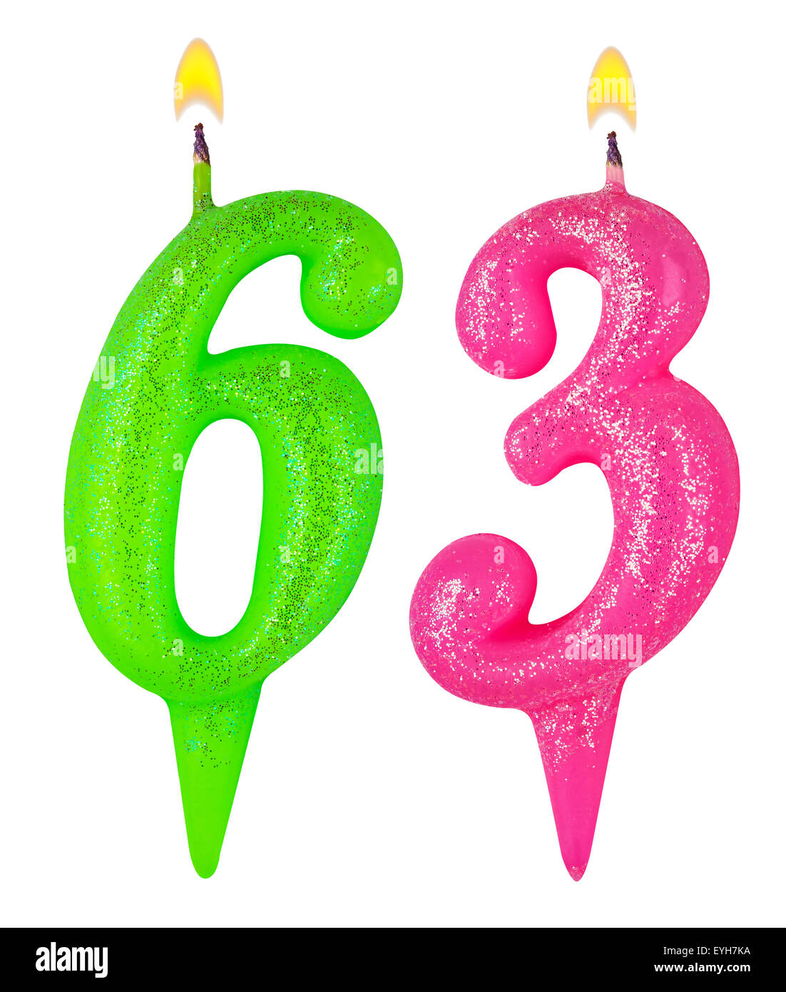 Birthday candles number sixty three isolated on white background Stock ...
