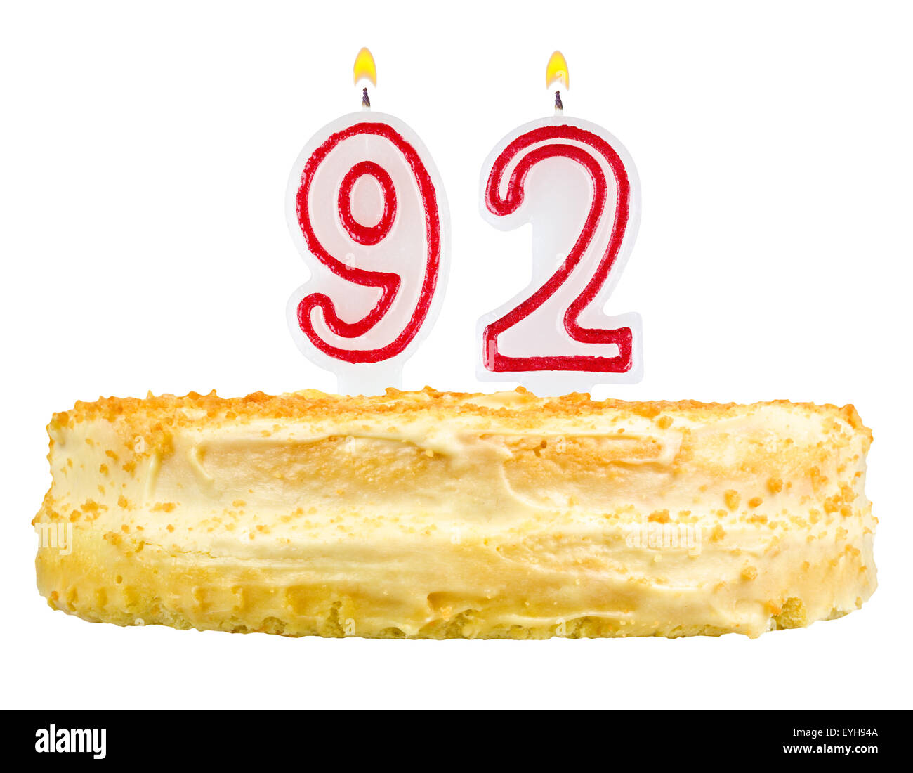 birthday cake with candles number ninety two isolated on white ...
