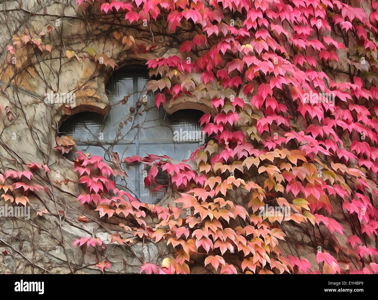 Church window with red ivy around digital painting Stock Photo - Alamy