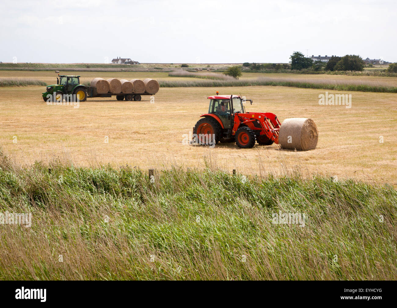 Tractor and trailer collecting round straw bales hi-res stock ...