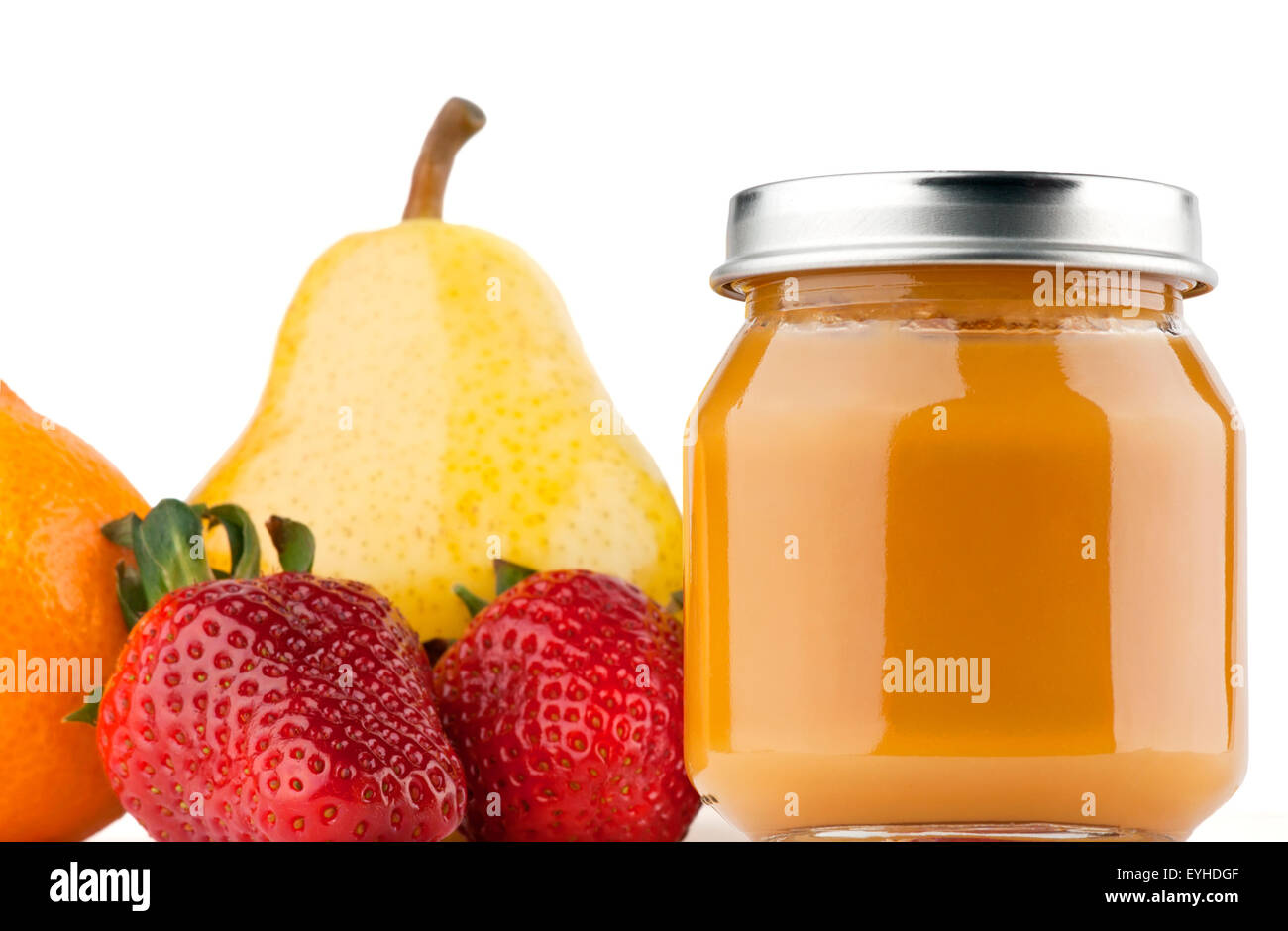 Baby puree and fruits on white background Stock Photo - Alamy