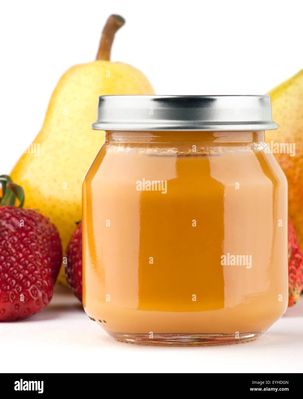 Baby puree with fruits on white background Stock Photo - Alamy