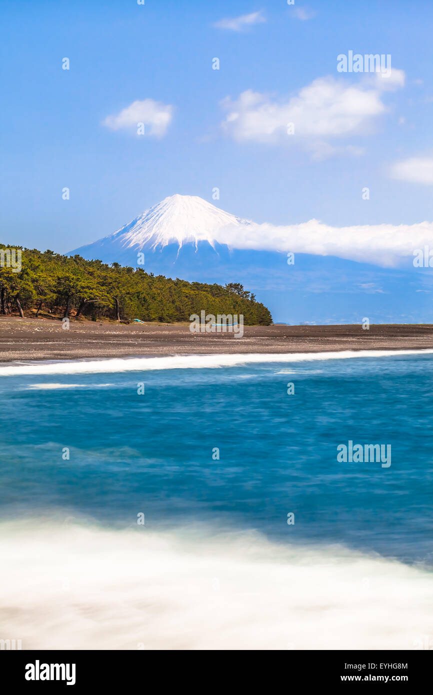 Beautiful Mt. Fuji with snow at the top seen from beach at Suruga Bay ...