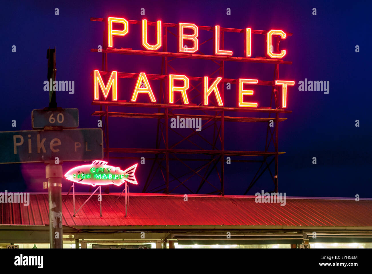 A neon sign above the famous Pike Place Market ,a well known popular ...