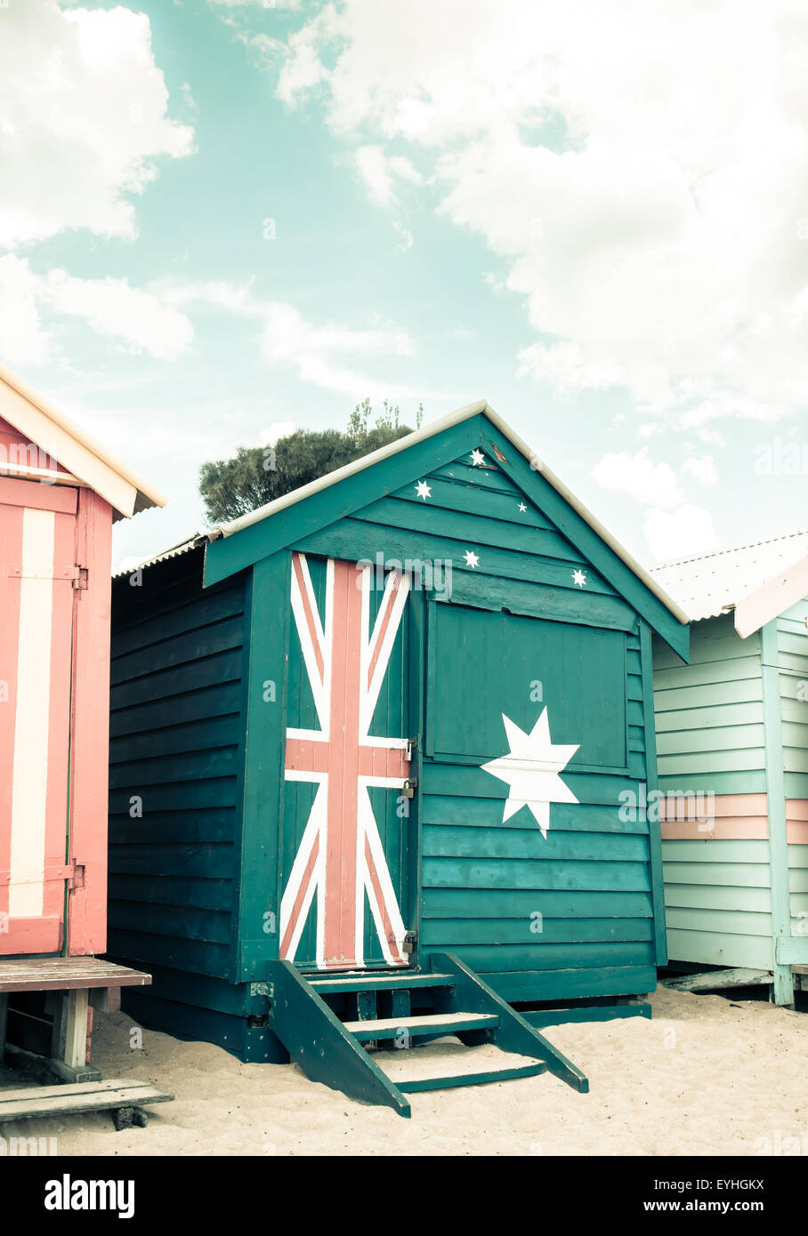 Bathing houses at Brighton Beach, Australia. View of colorful beach ...