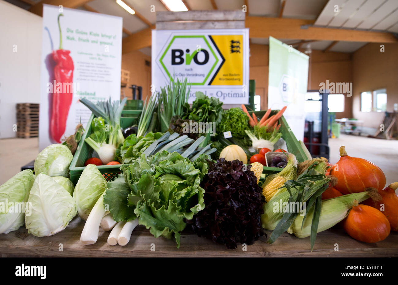 Filderstadt, Germany. 29th July, 2015. Organic vegetables are displayed ...