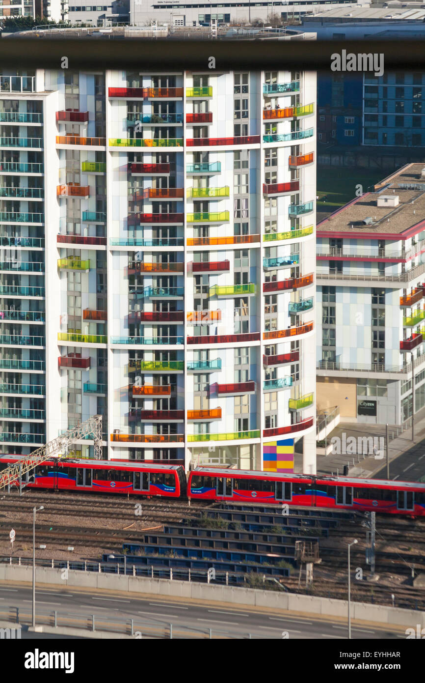 Looking down over Icona Stratford Tower blocks at East Stratford with ...