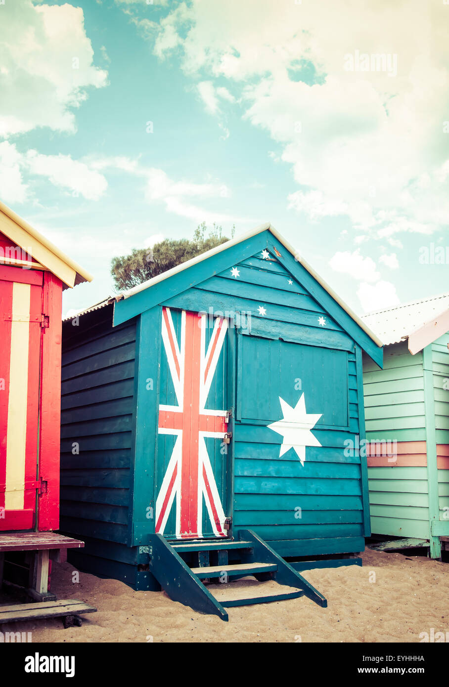 Bathing houses at Brighton Beach, Australia. View of colorful beach ...