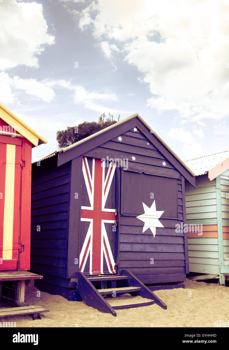 Bathing houses at Brighton Beach, Australia. View of colorful beach ...