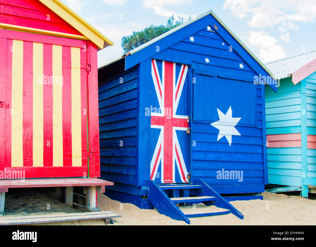 Bathing houses at Brighton Beach, Australia. View of colorful beach ...