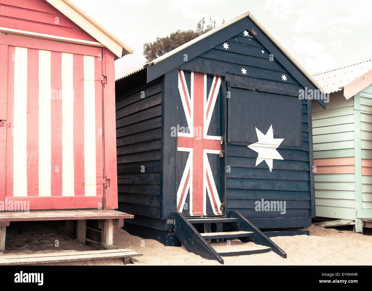 Bathing houses at Brighton Beach, Australia. View of colorful beach ...