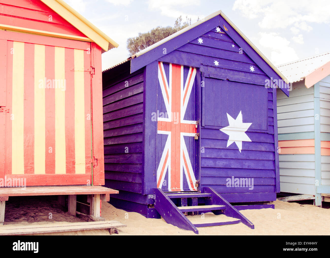 Bathing houses at Brighton Beach, Australia. View of colorful beach ...