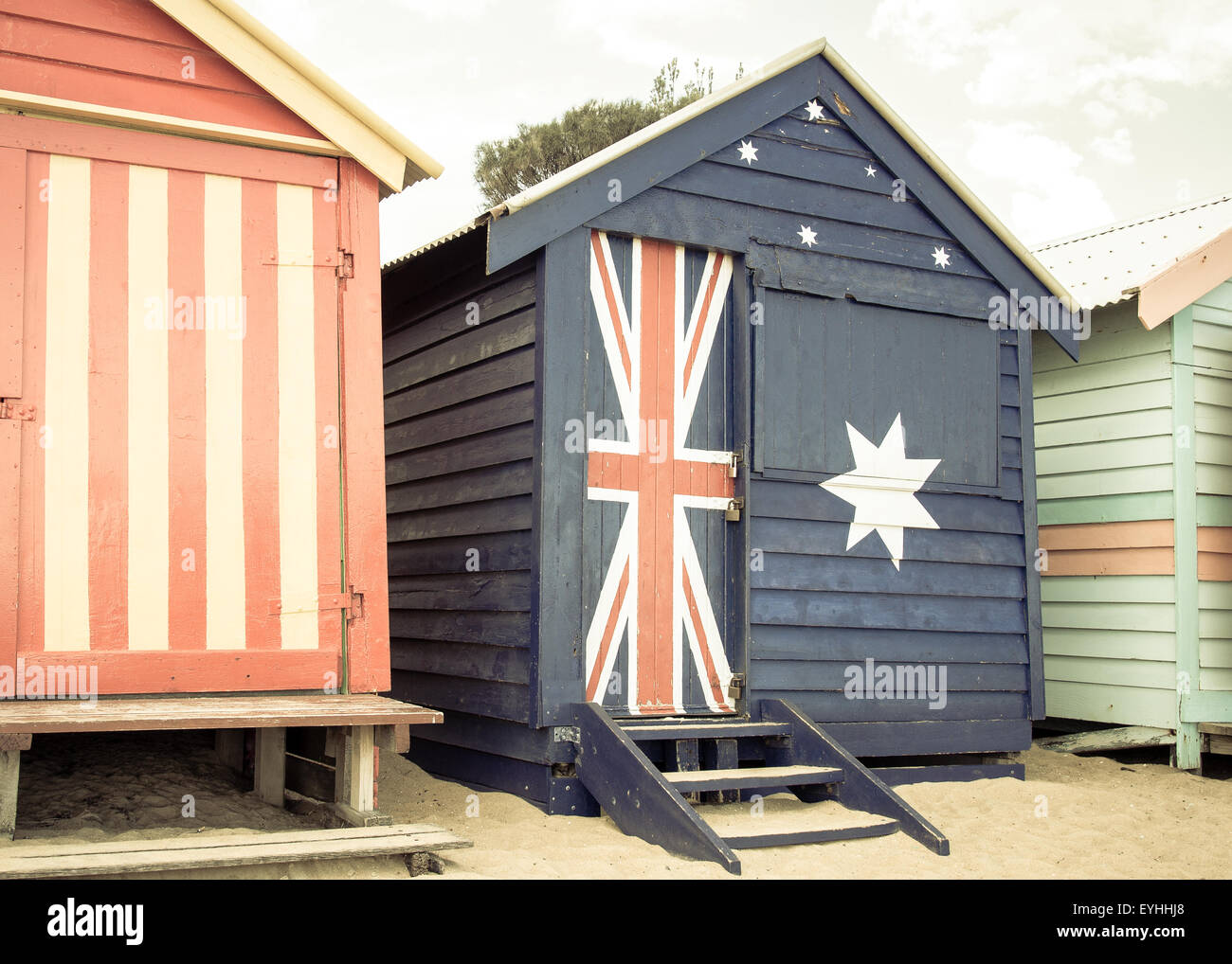 Bathing houses at Brighton Beach, Australia. View of colorful beach ...