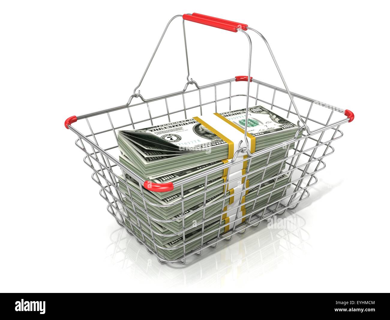 Steel wire shopping basket full of dollars stacks. Isolated on a white ...