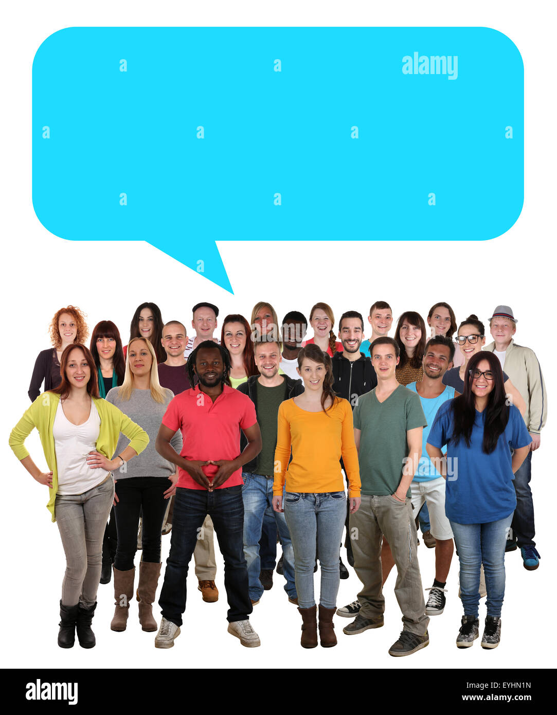 Multi ethnic group of smiling young people talking with speech bubble ...