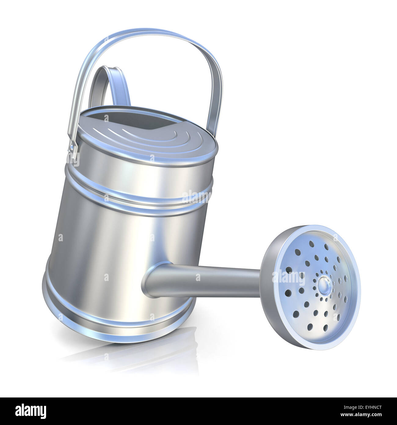 Metal watering can 3D render isolated white background. Front view with ...