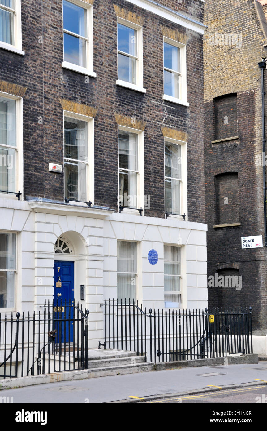 London, England, UK. 7 Gower Street, Camden, WC1. Blue plaque states ...