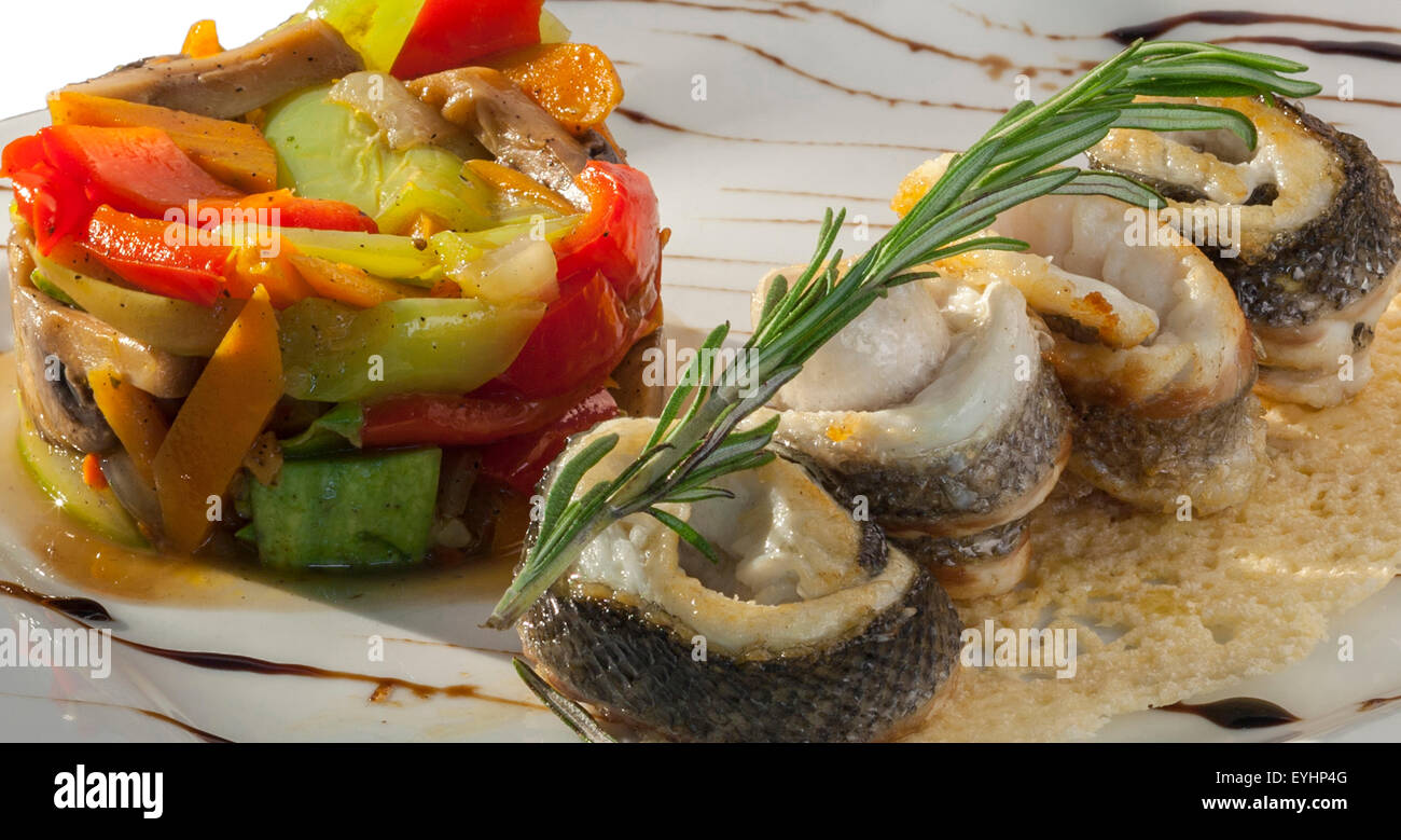 rolls of sea bass with vegetables Stock Photo - Alamy