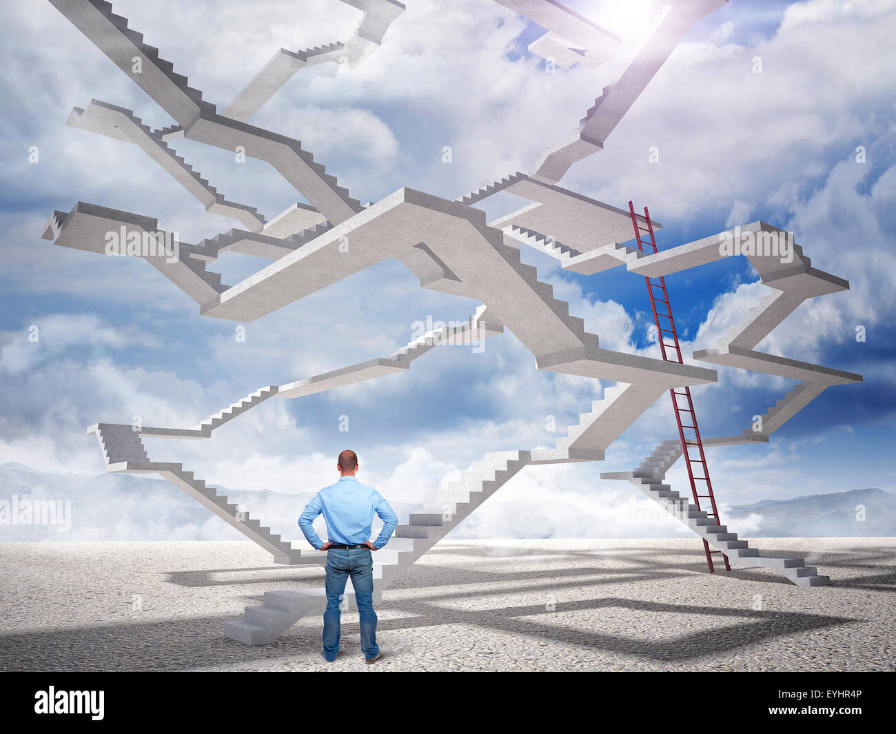 standing man and 3d endless stair Stock Photo - Alamy